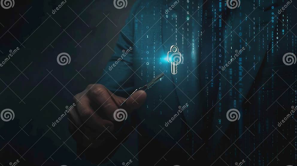 Generative AI Businessman Giving Virtual Master Key with Binary Number Code for Identity and ...