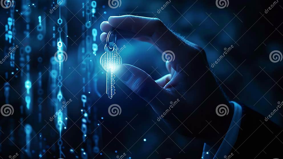 Generative AI Businessman Giving Virtual Master Key with Binary Number Code for Identity and ...