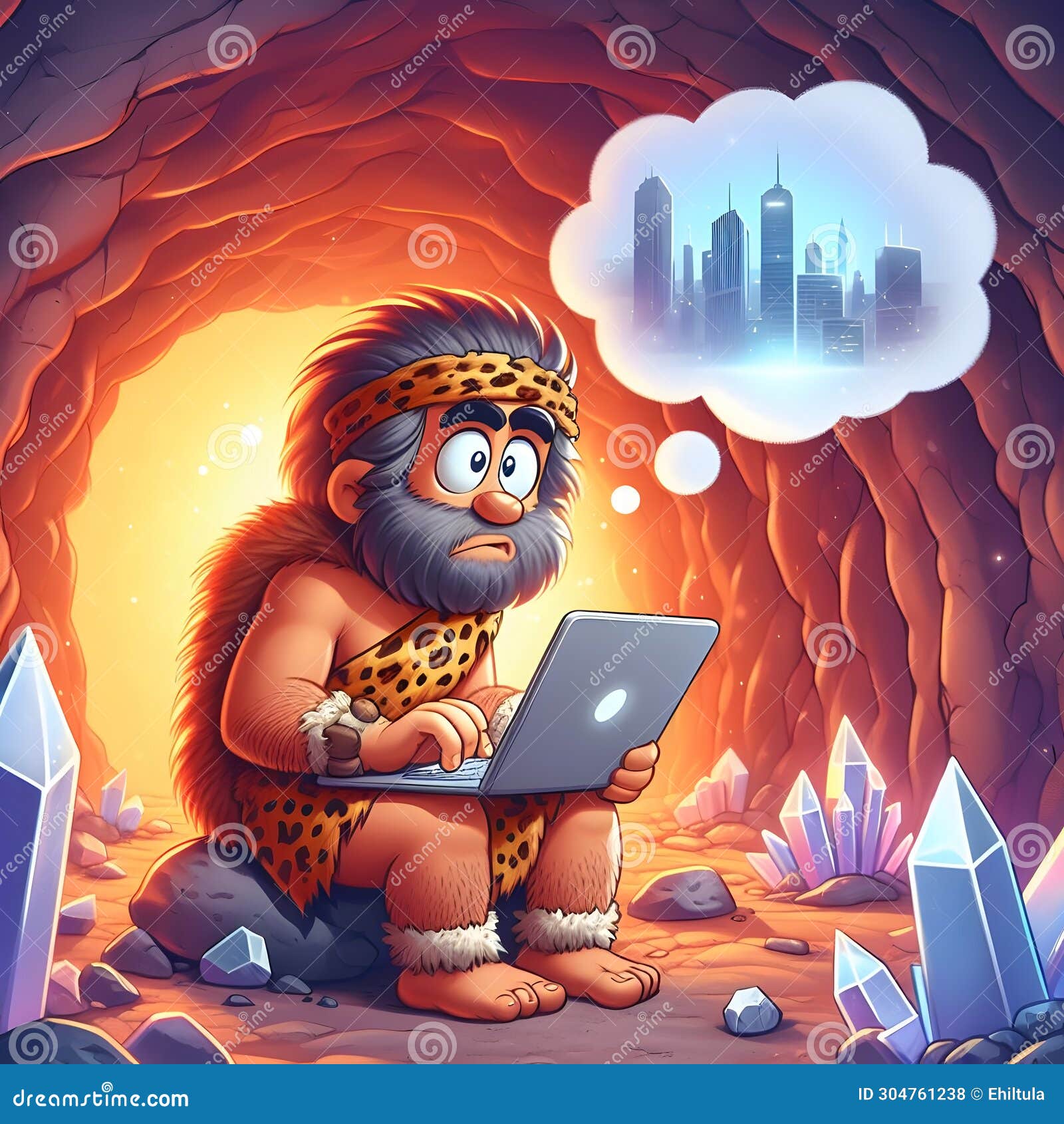 Generative AI Cartoon Caveman Using a Laptop in a Cave Stock ...