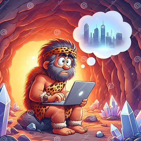 Generative AI Cartoon Caveman Using a Laptop in a Cave Stock ...