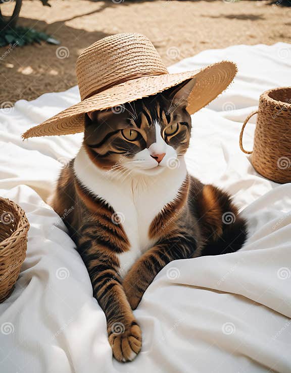 Cat in a straw hat stock illustration. Illustration of internet - 327268175