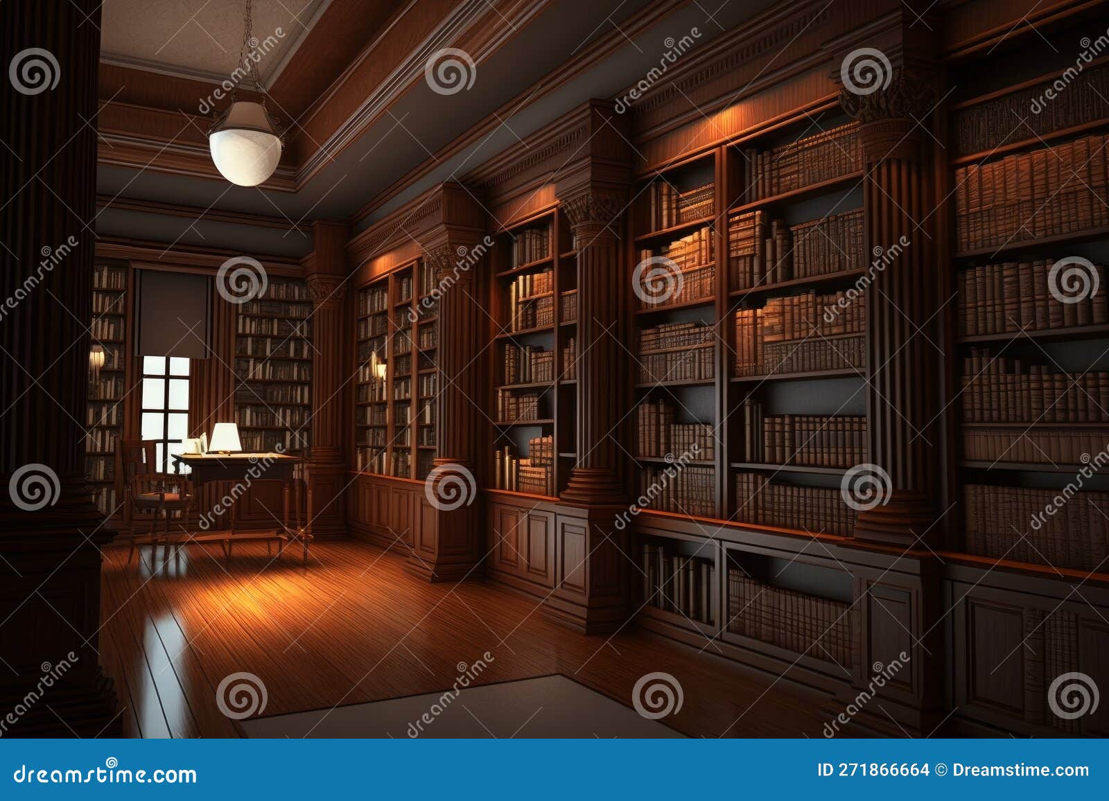 Generative AI of Classic Library Interior with Bookshelves and Lamps ...