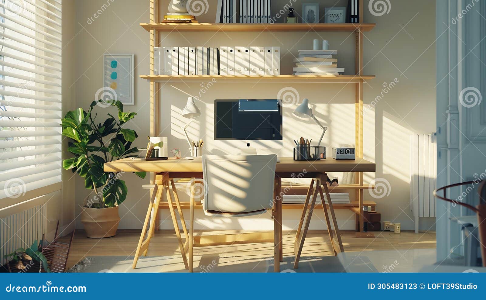 Generative AI Clean, Bright and Empty Home Office Interior Organized ...