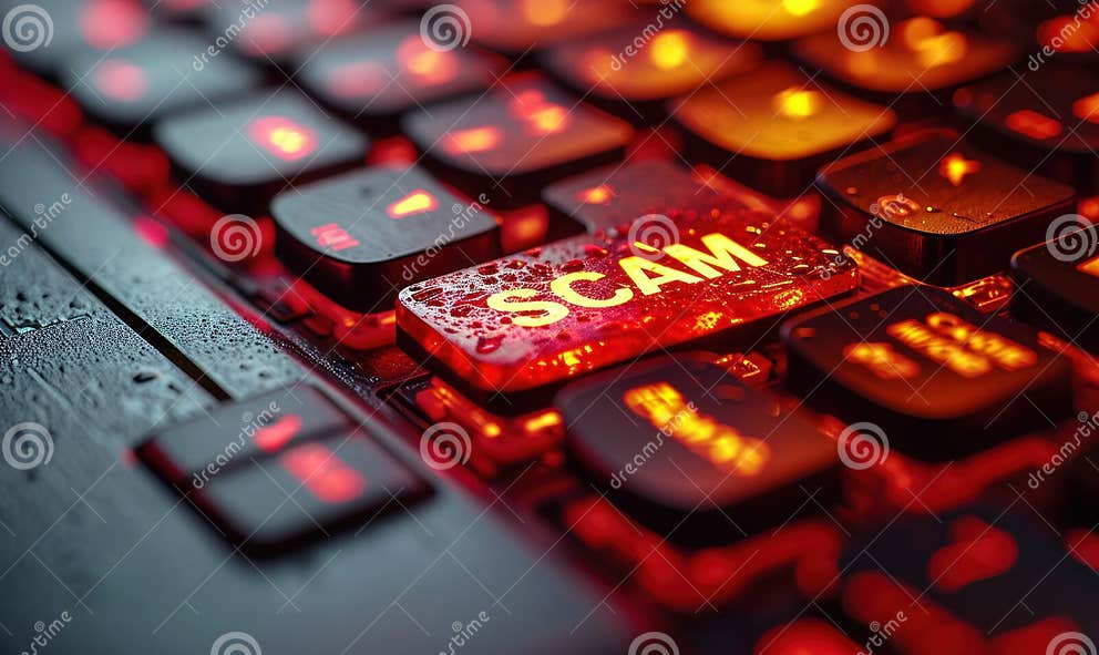 Close-up of a Bright Red SCAM Alert Button on a Computer Keyboard ...
