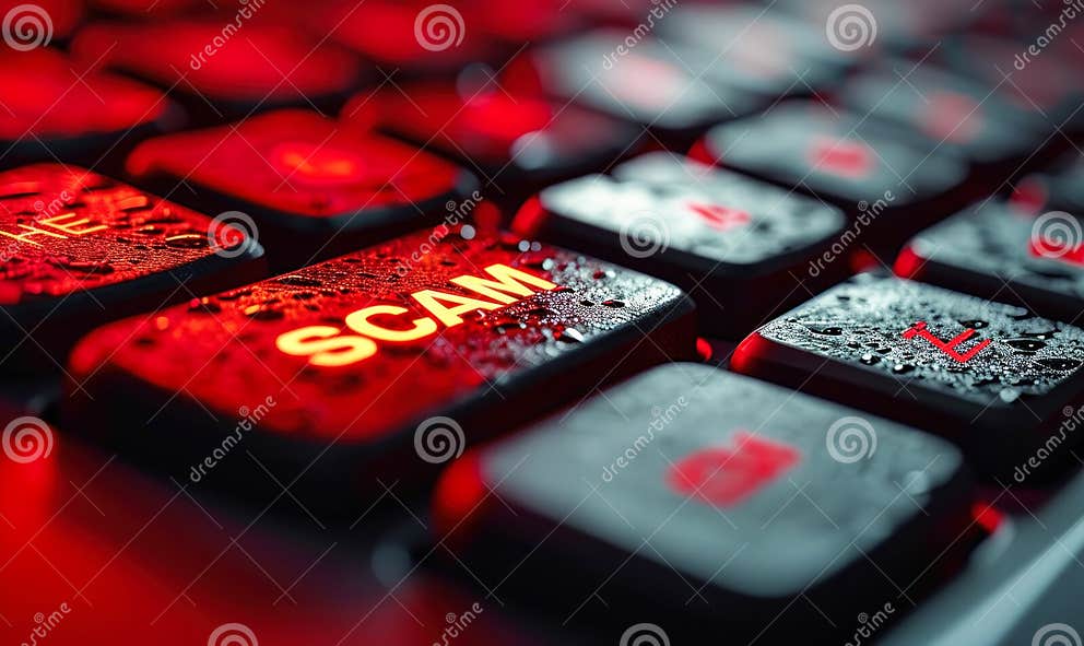Close-up of a Bright Red SCAM Alert Button on a Computer Keyboard ...