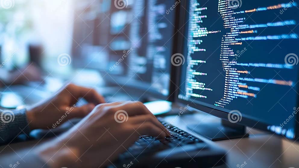 Generative AI Close Up of a Developer Typing on a Keyboard with Code Displayed on Screens in an ...