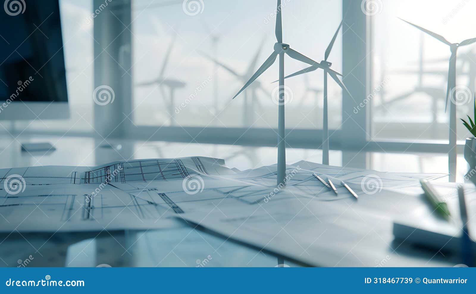 Generative AI Close Up of Wind Turbines on a Table with Architectural ...
