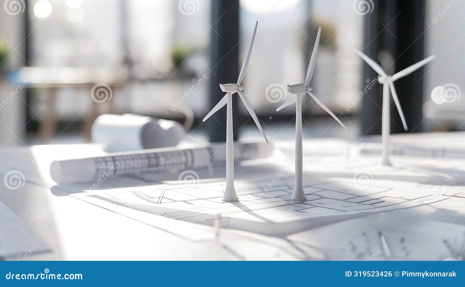 Generative AI Close Up Of Wind Turbines On A Table With Architectural ...
