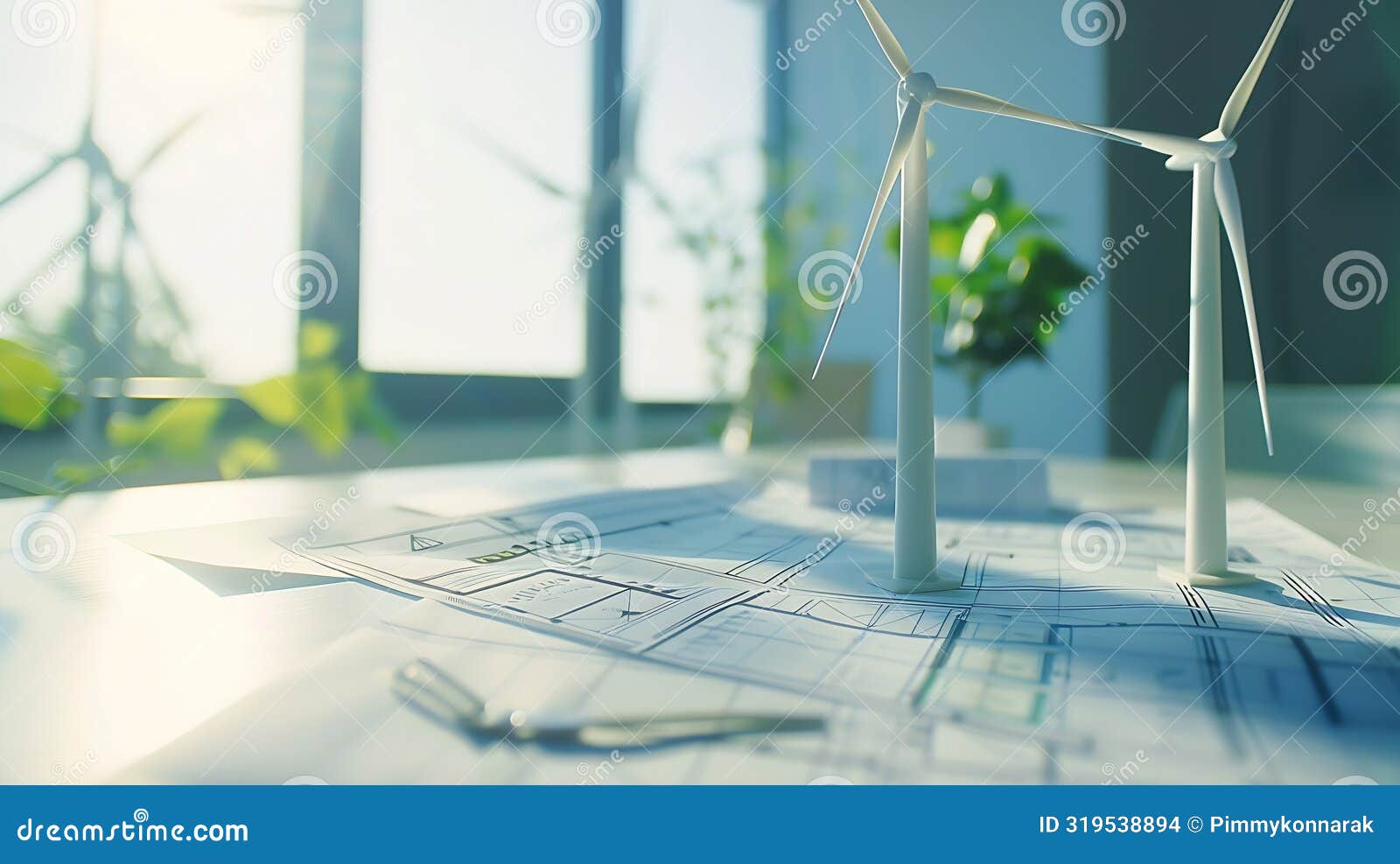 Generative AI Close Up Of Wind Turbines On A Table With Architectural ...