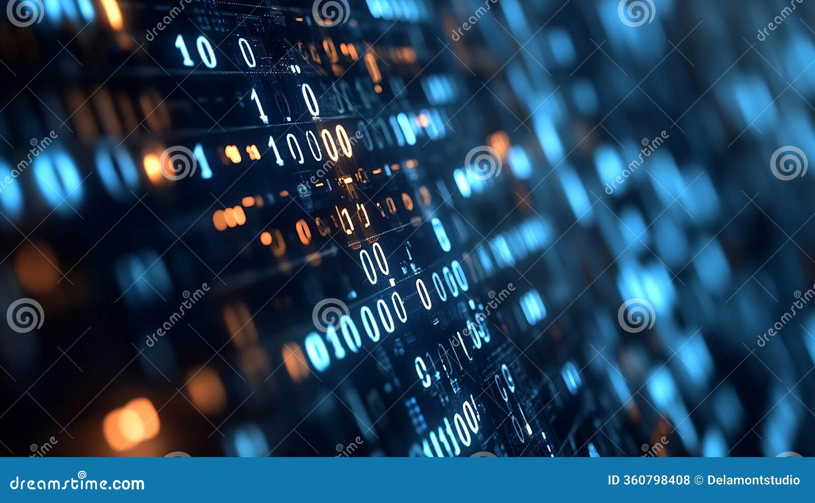 Generative AI Closeup of Binary Code Streams Glowing on a Digital Screen Representing Data ...