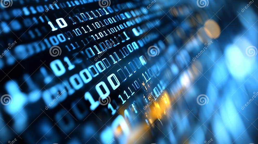 Generative AI Closeup of Digital Binary Code Flowing with Light Effects Creating a Sense of Data ...