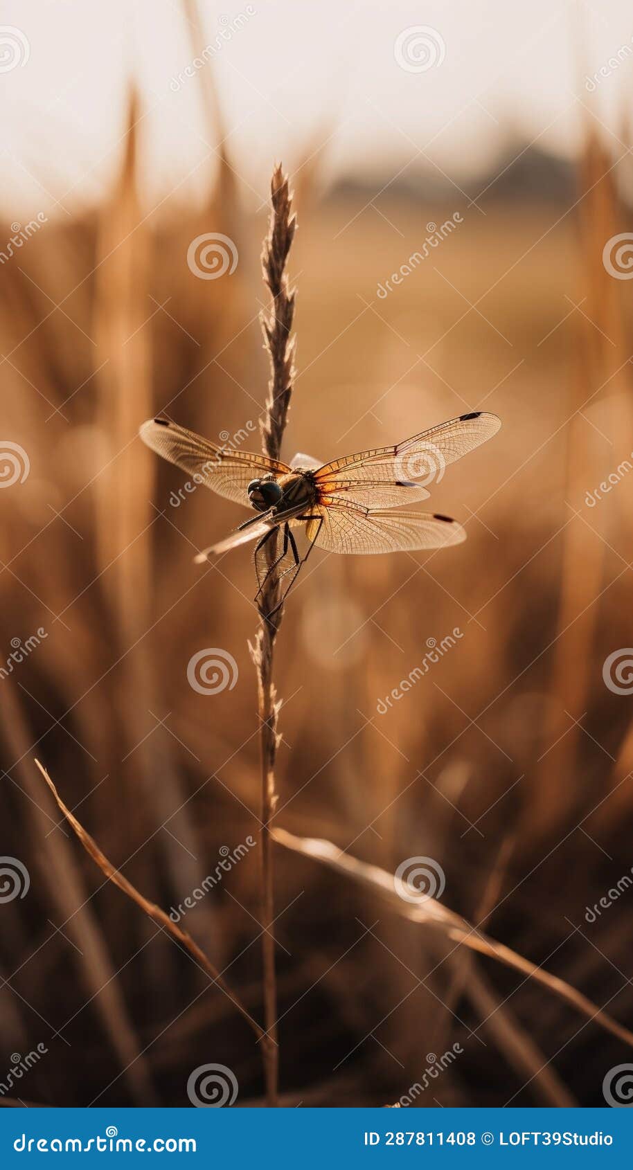 Generative AI : Closeup of a Dragonfly Rest on Grass Flowers in the ...