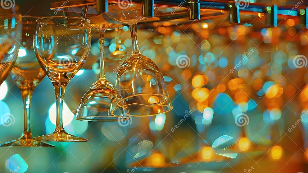 Generative Ai Closeup Photo Of Clean Washed And Polished Bar And Pub Glasses Hanging Over Empty