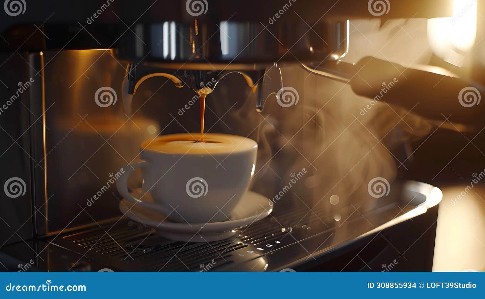 Generative AI Coffee Machine and Cup of Coffee with Foam Close Up the ...