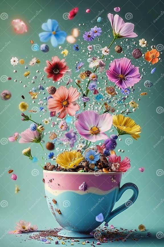 Generative AI Colorful Flowers Exploding from a Cup with Floating ...