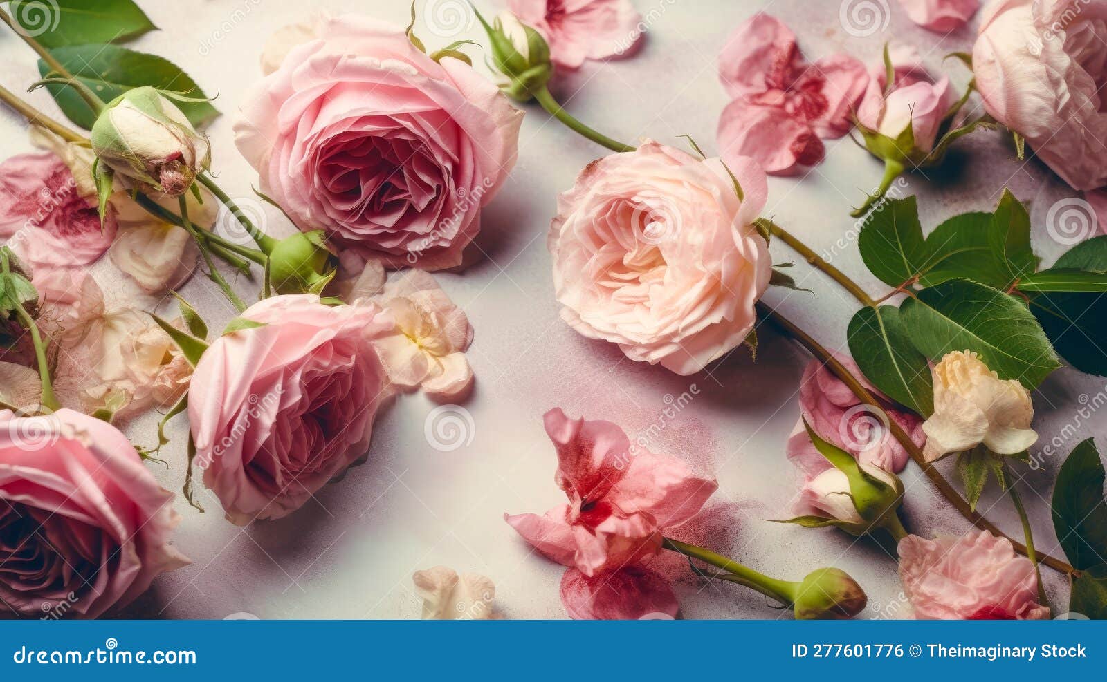 Composition of Pink Roses and Roselle Flower, Pink Flower Blossoms ...