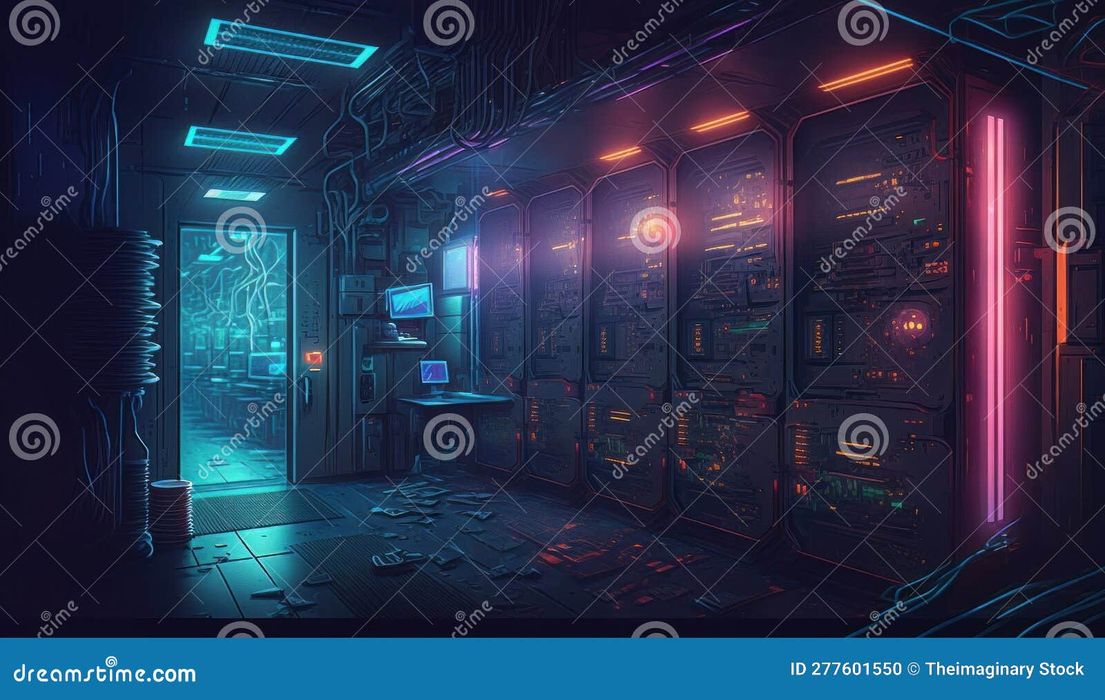Cyberpunk Server Room, Data Flowing, Full of Rack Servers and ...