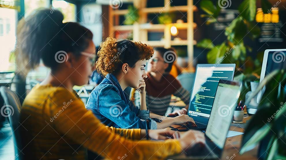 Generative AI Creative Female it Developers Coding Web Site Collaborating while Working on ...