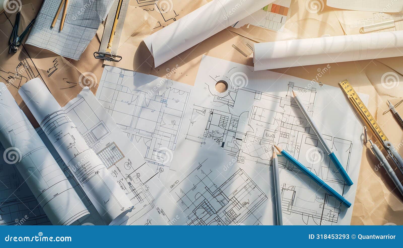 Generative AI Creative Flat Lay of Architects Wooden Table with Roll ...