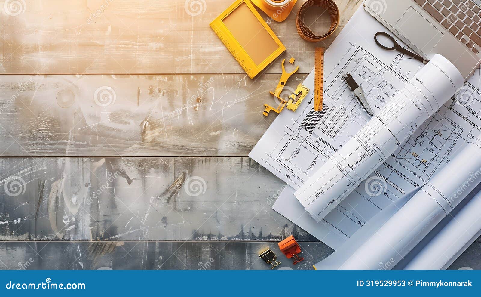 Generative AI Creative Flat Lay of Architects Wooden Table with Roll ...