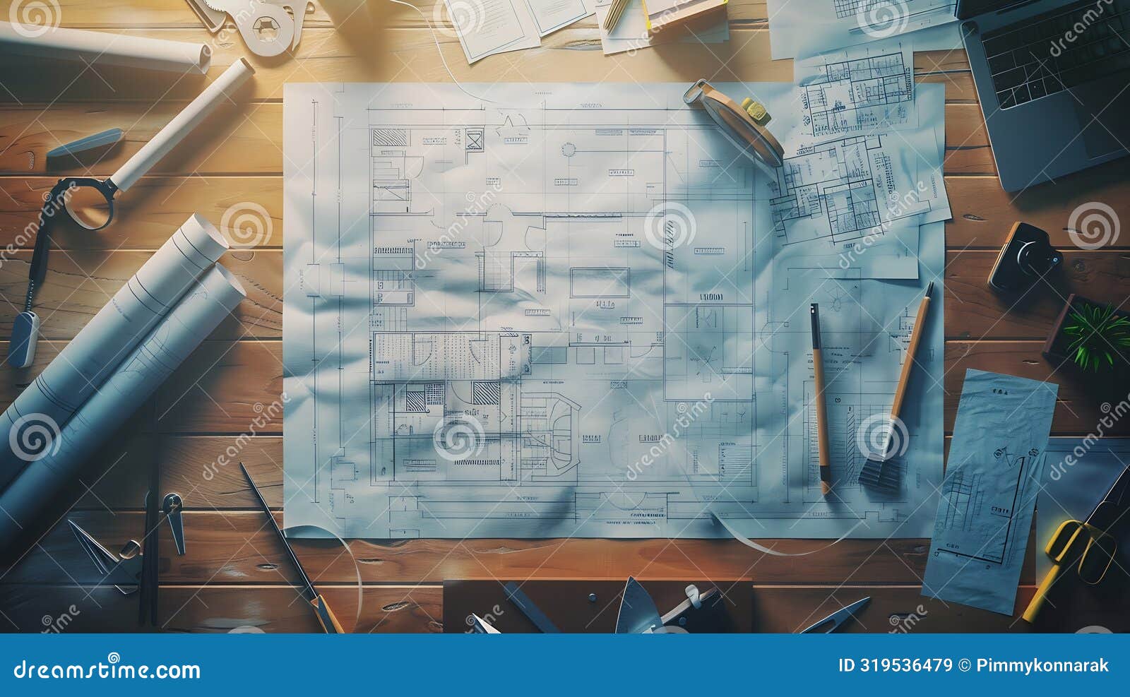 Generative AI Creative Flat Lay of Architects Wooden Table with Roll ...