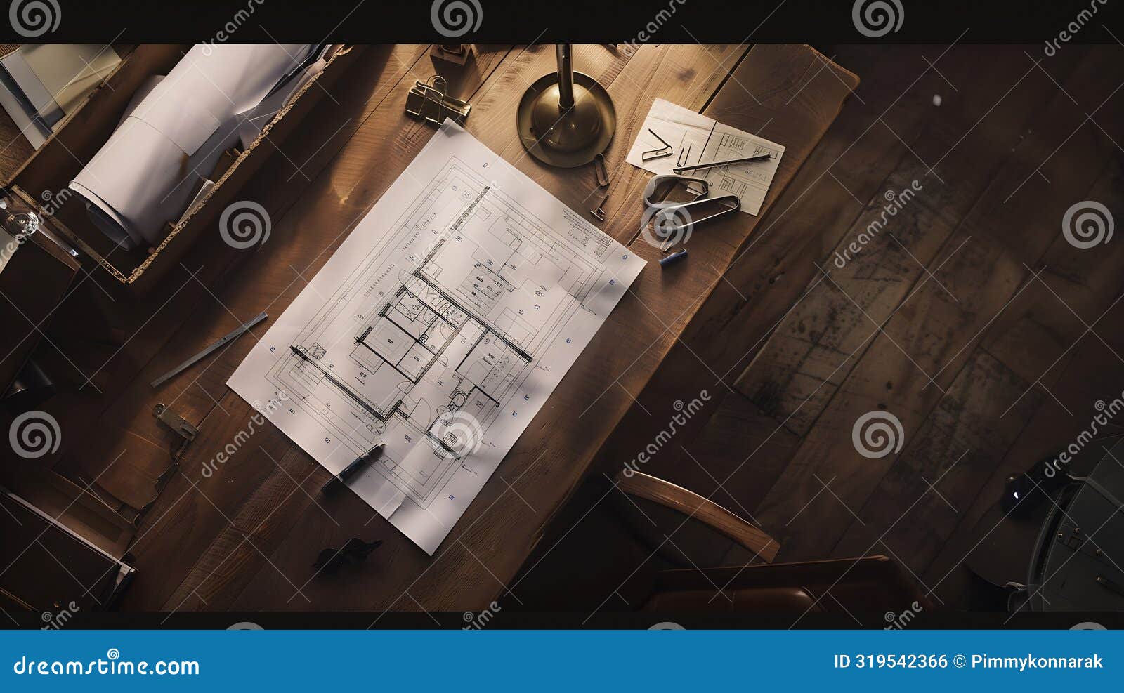 Generative AI Creative Flat Lay of Architects Wooden Table with Roll ...
