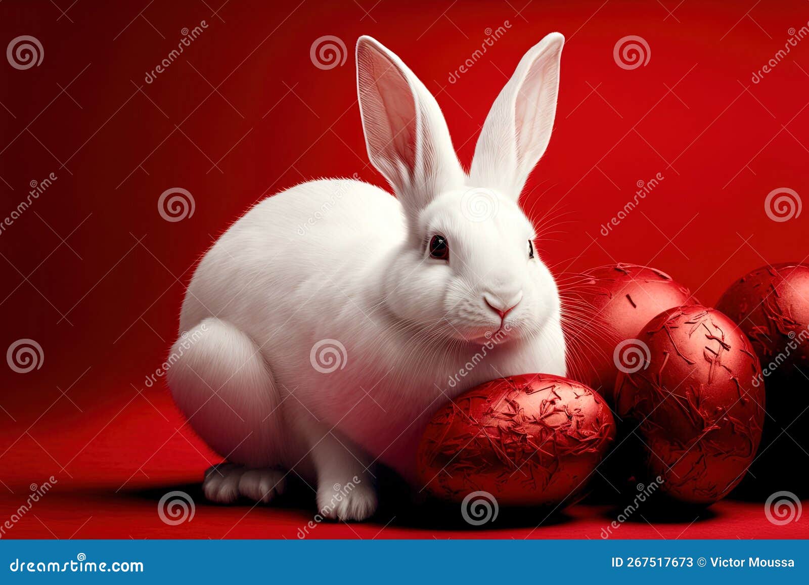 Generative AI of Cuddly Easter Bunny and Red Eggs: Colored Bunnies and ...