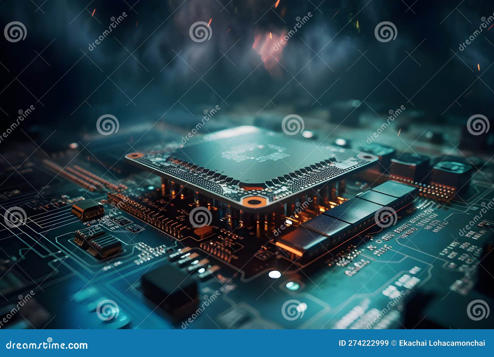 Generative Ai 3d Render Of Neon Microchip Circuit Board With Floating