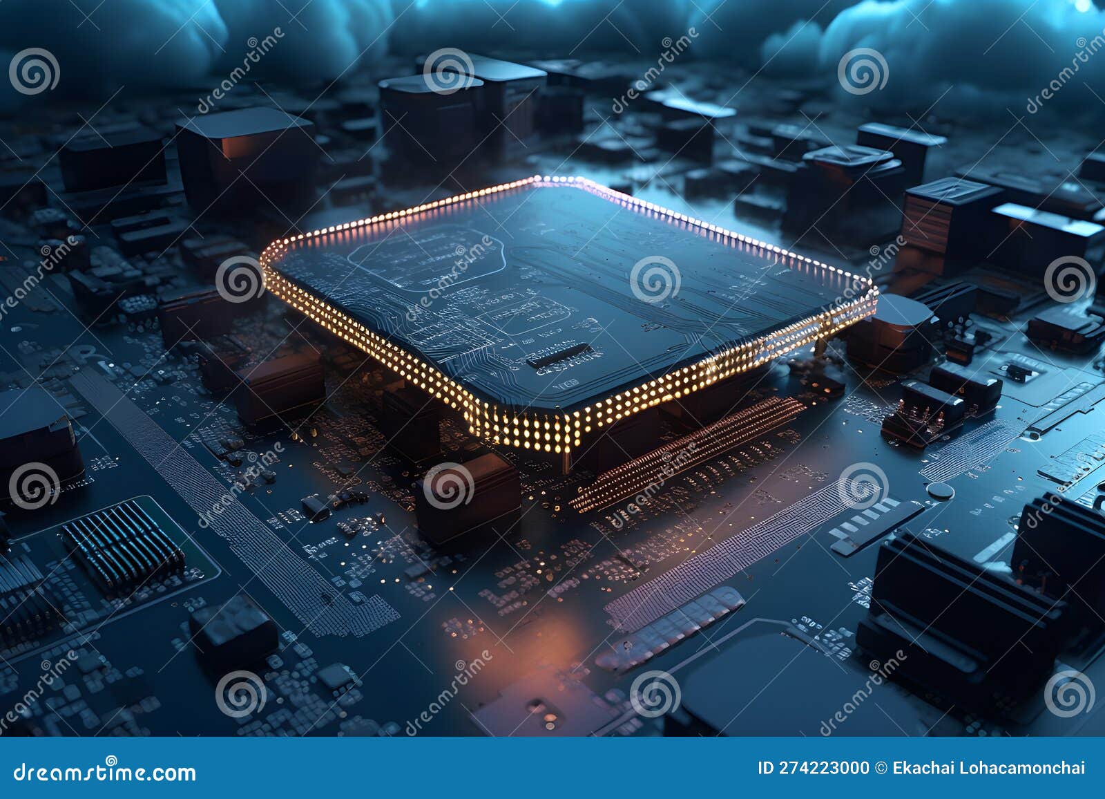 Generative Ai 3d Render Of Neon Microchip Circuit Board With Floating