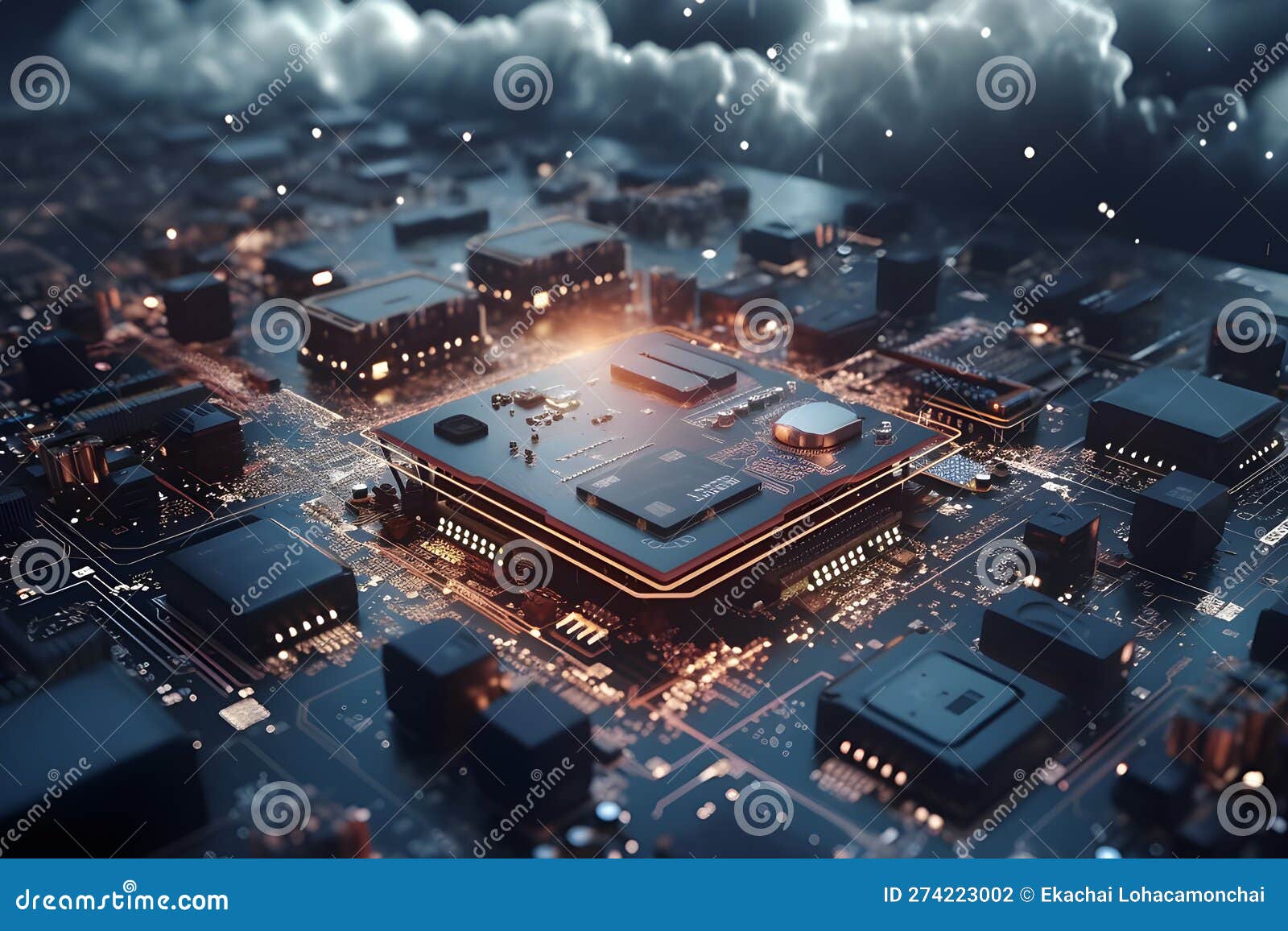 Generative AI. 3D Render of Neon Microchip Circuit Board with Floating Cloud Stock Illustration ...