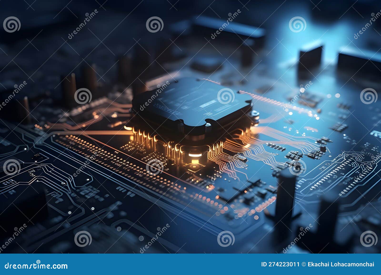 Generative AI. 3D Render of Neon Microchip Circuit Board with Floating ... Generative AI. 3D Render of Neon Microchip Circuit Board with Floating ...