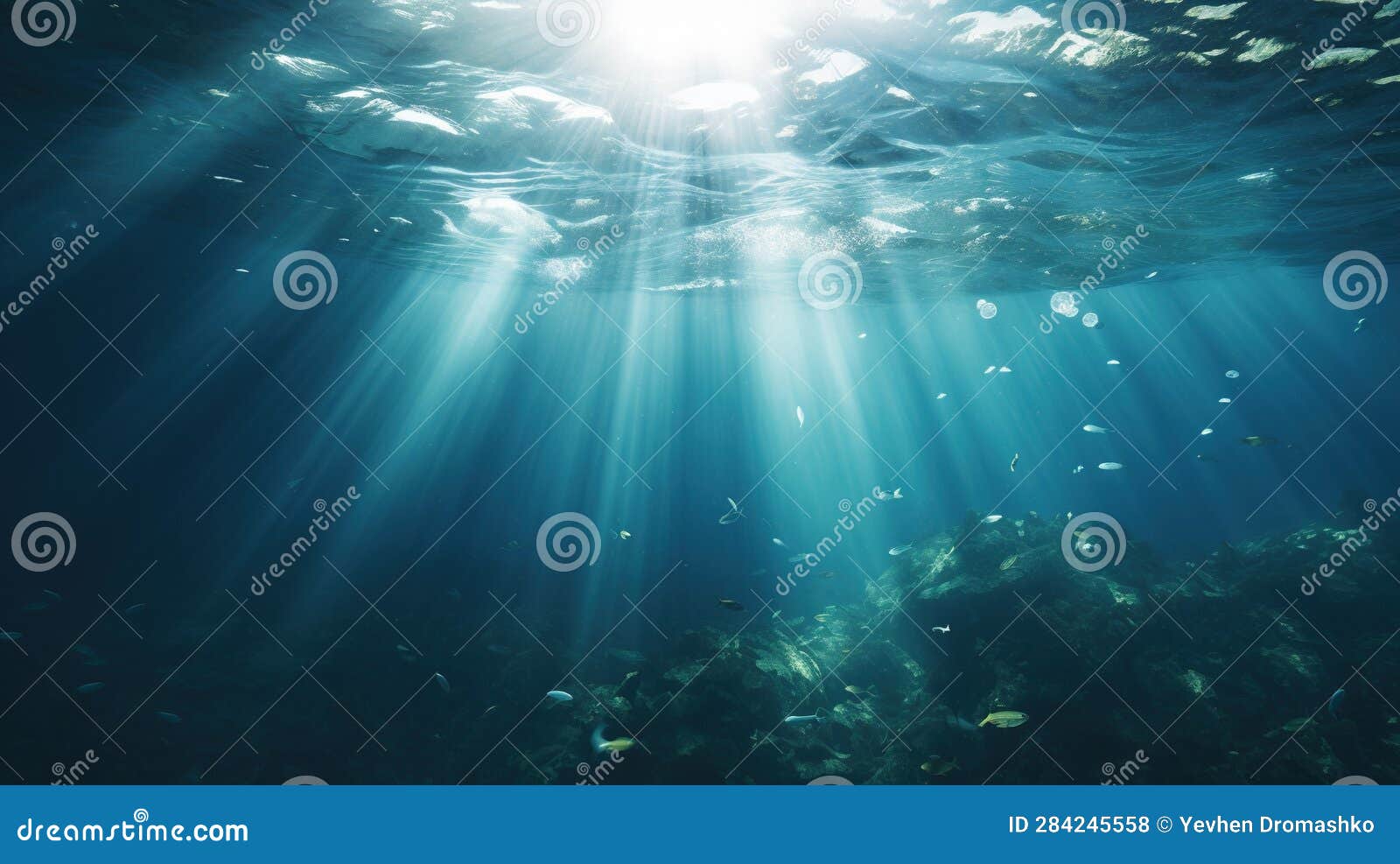Generative AI, Dark Blue Ocean Surface Seen from Underwater with Sun ...