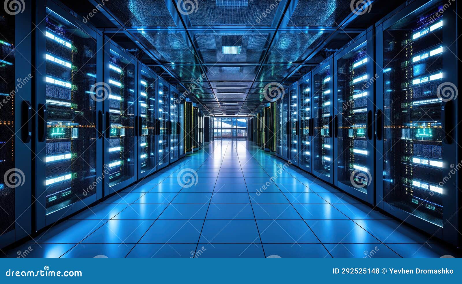 Generative AI, Data Center, Modern High Technology Server Room in Neon Colors. Modern ...