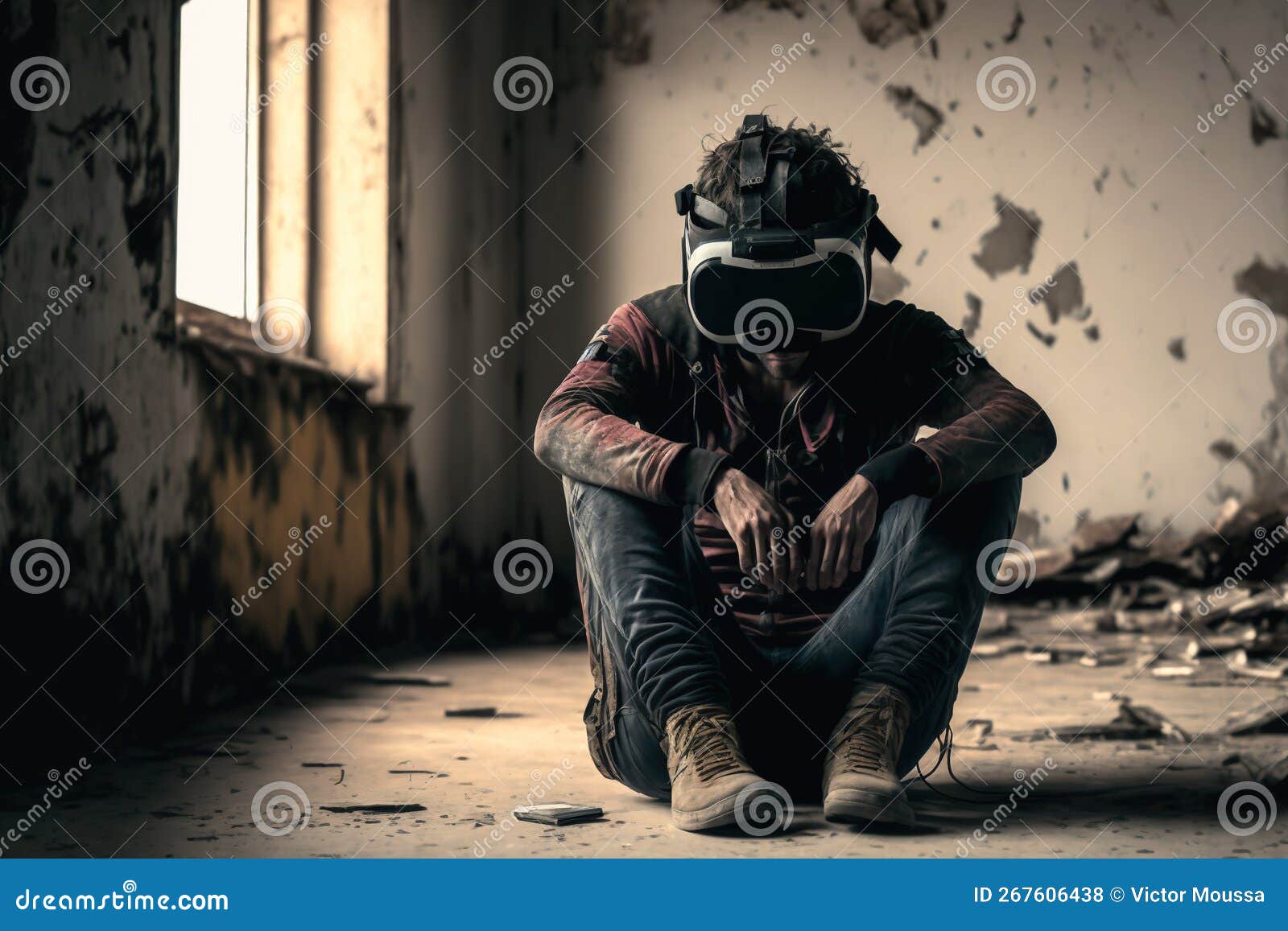 Generative AI of Depressed Man Wearing a VR Headset in a Post ...