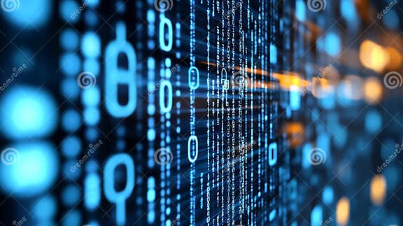Generative AI Digital Abstract Background Featuring Glowing Blue Binary Code Flowing in Streams ...