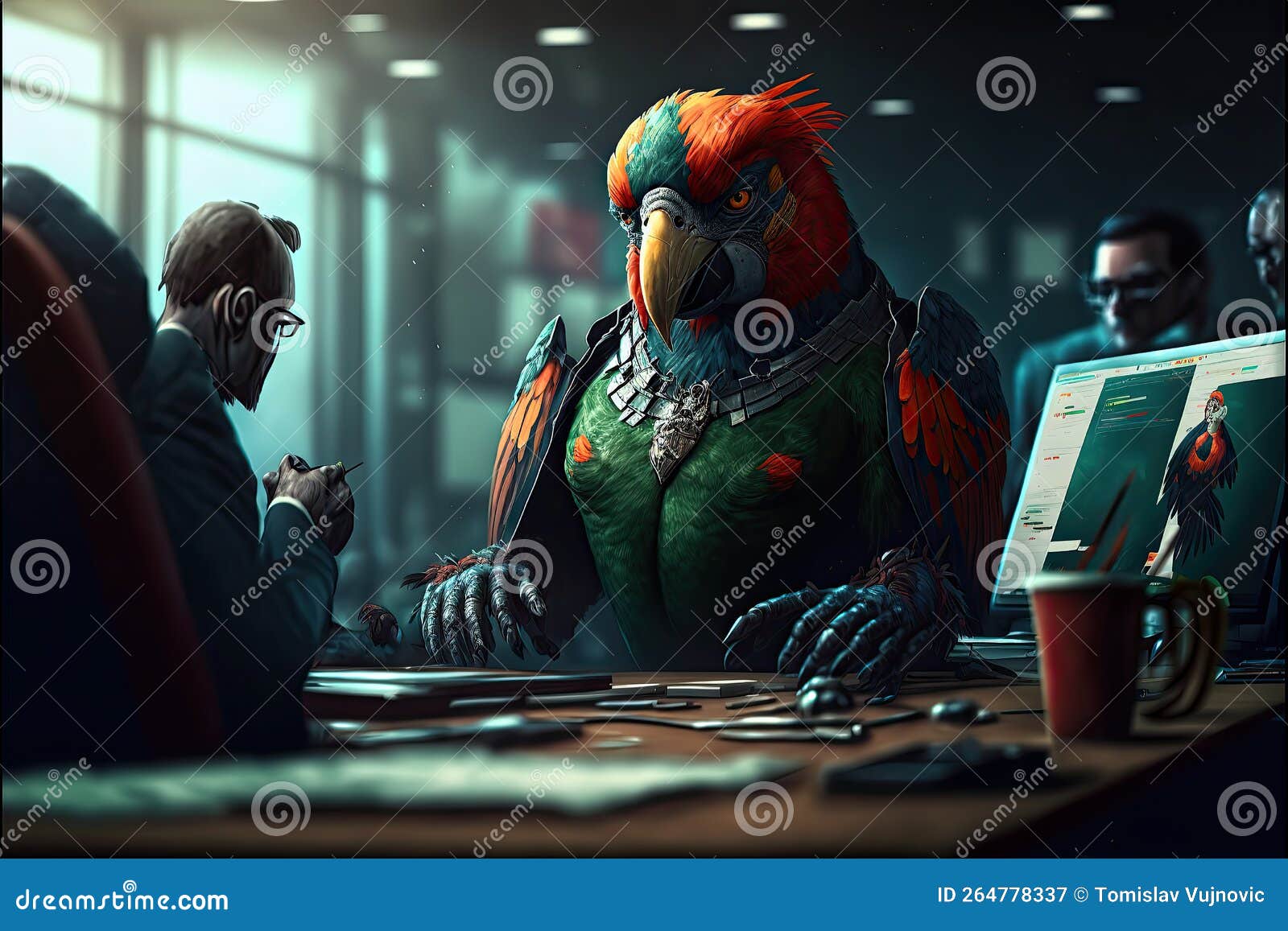 Generative AI Digital Art of an Abstract Parrot Boss in Office Meeting ...