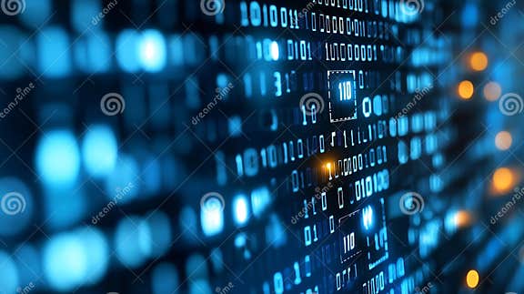 Generative AI Digital Data Represented by Glowing Binary Code with Futuristic Neural Network ...