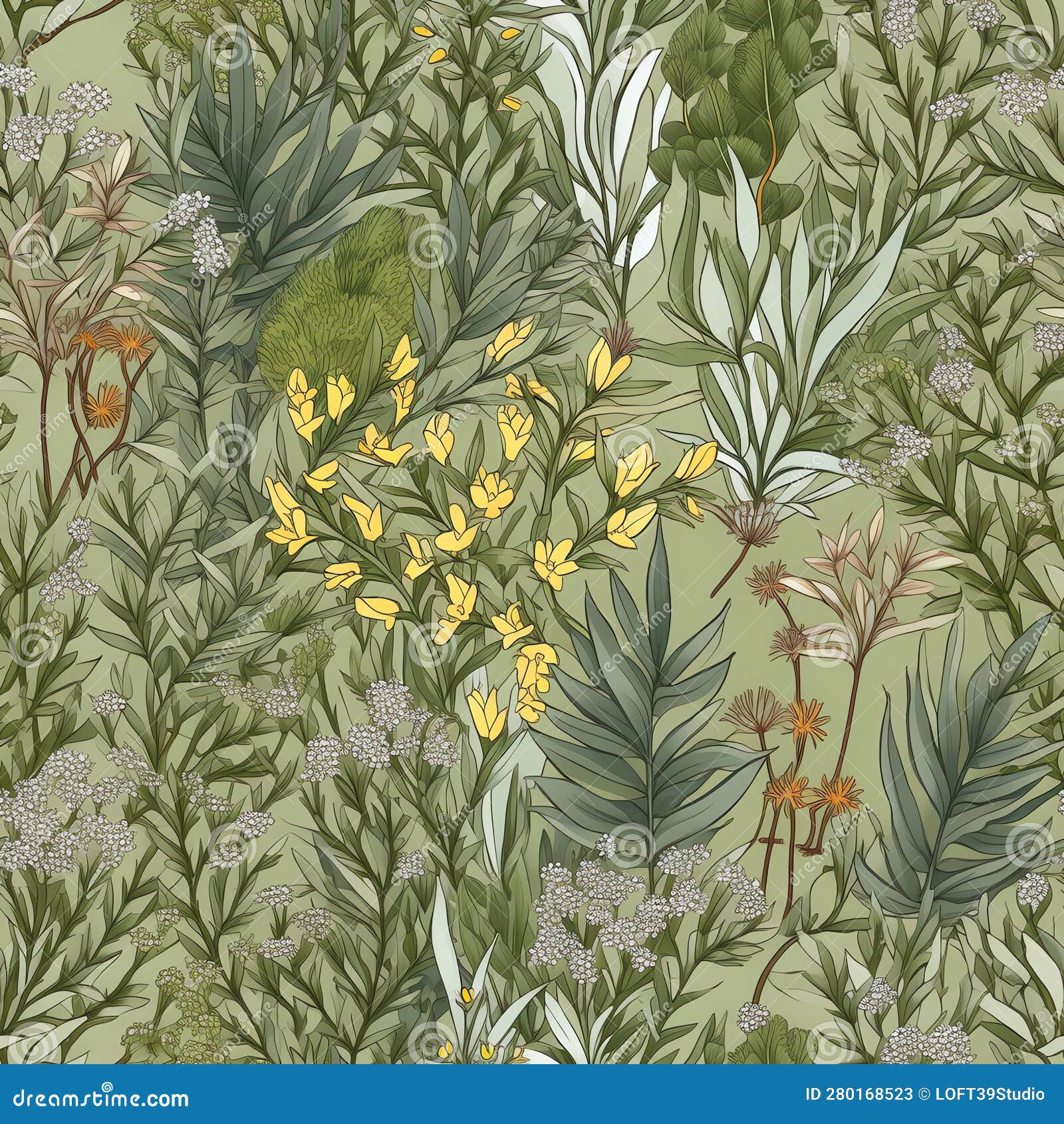 Generative AI Doodled Botany Plants Seamless- Stock Illustration ...