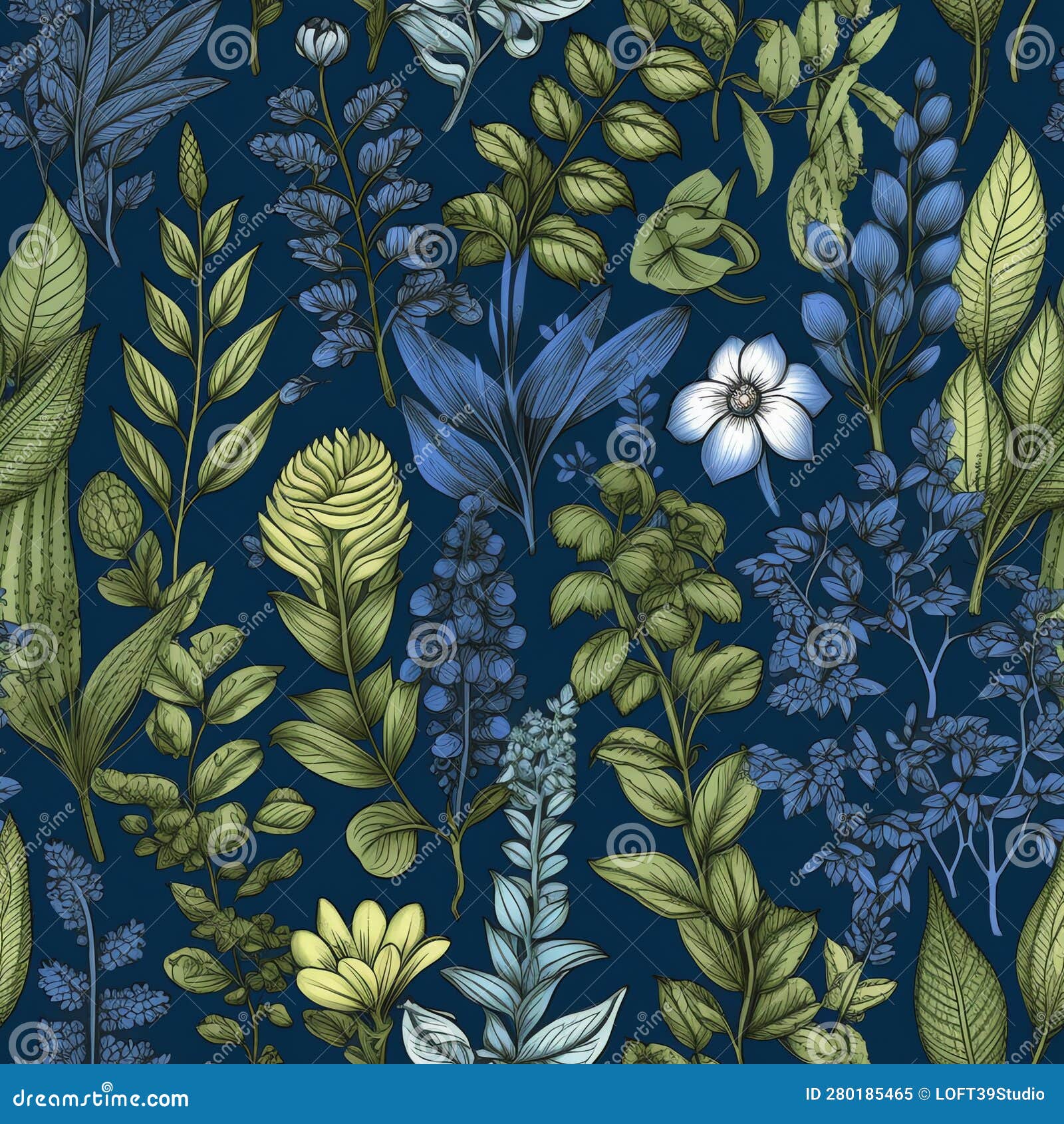 Generative AI Doodled Botany Plants Seamless- Stock Illustration ...