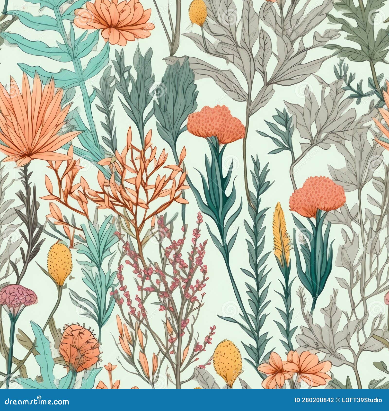 Generative AI Doodled Botany Plants Seamless- Stock Illustration ...