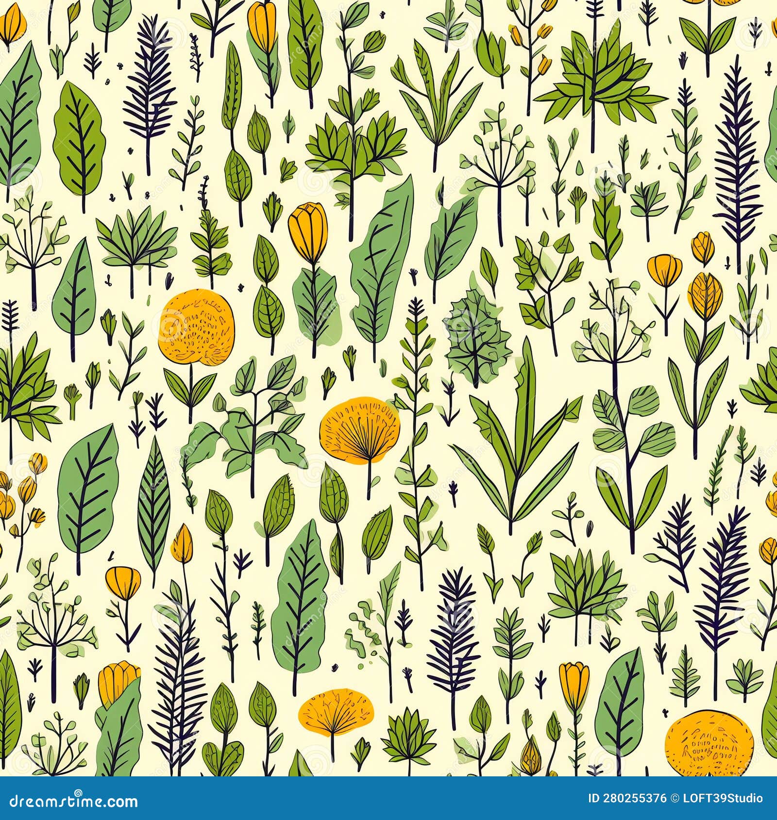 Generative AI Doodled Botany Plants Seamless- Stock Illustration ...
