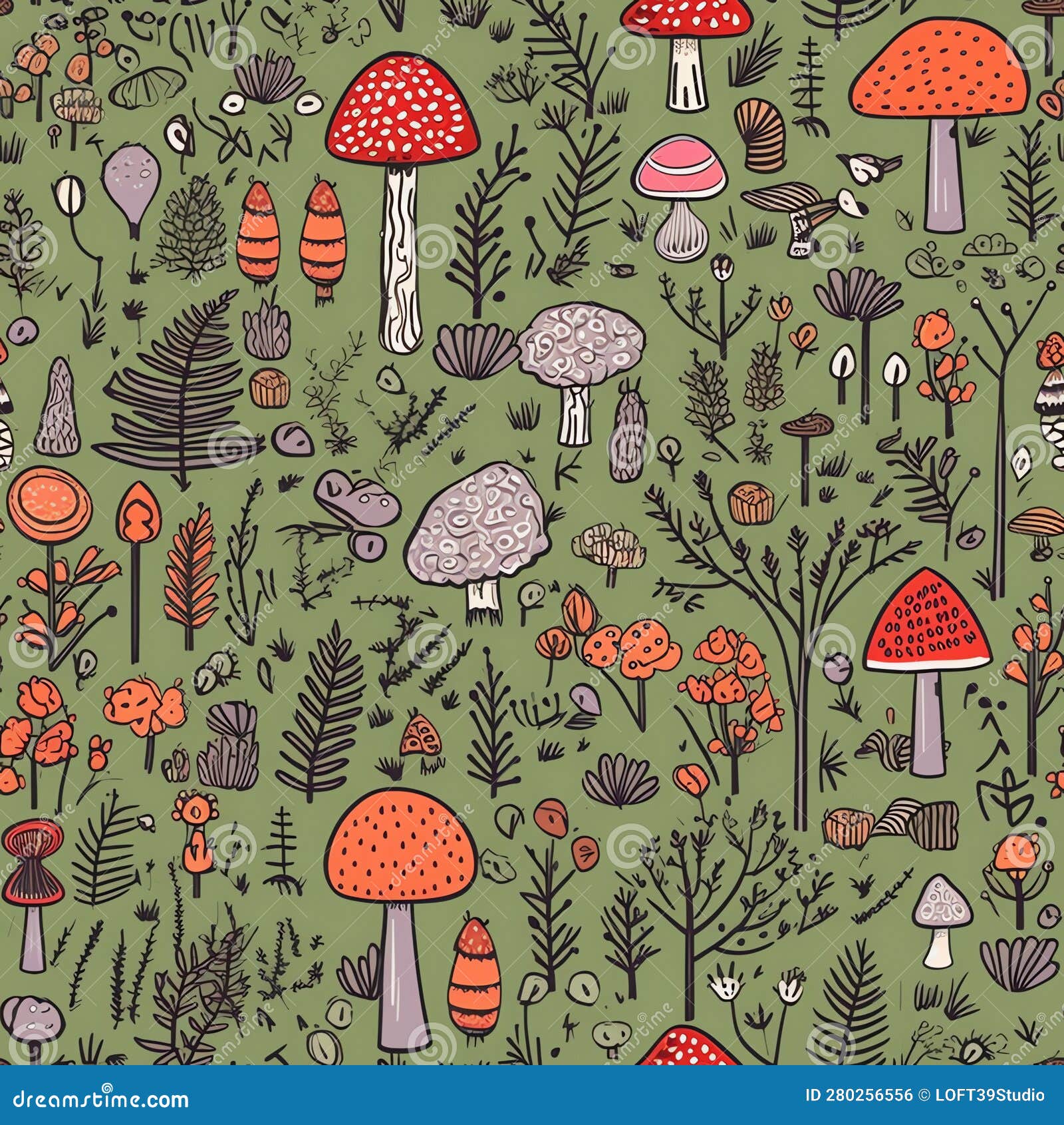 Generative AI Doodled Botany Plants Seamless- Stock Illustration ...