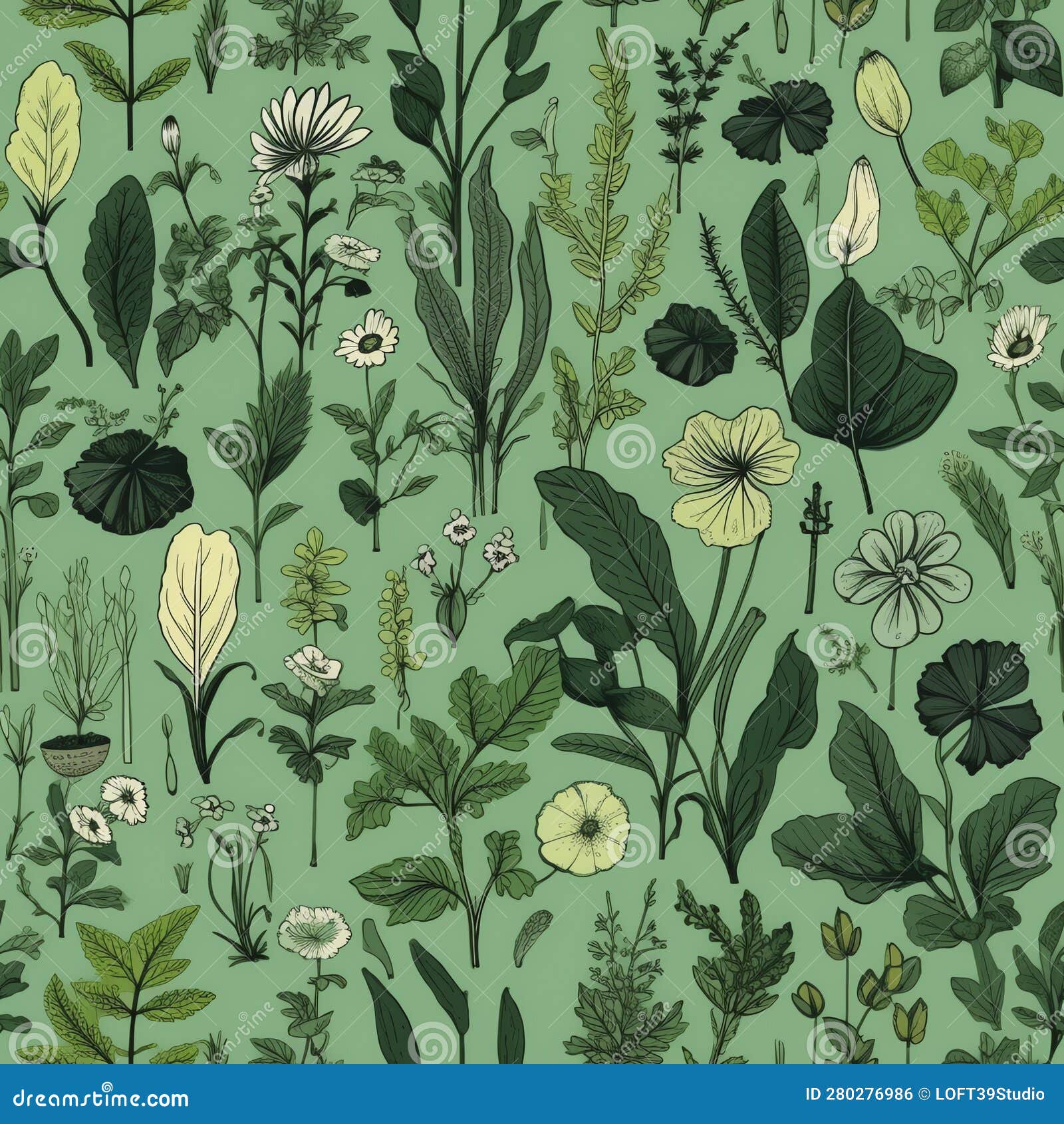 Generative AI Doodled Botany Plants Seamless- Stock Illustration ...