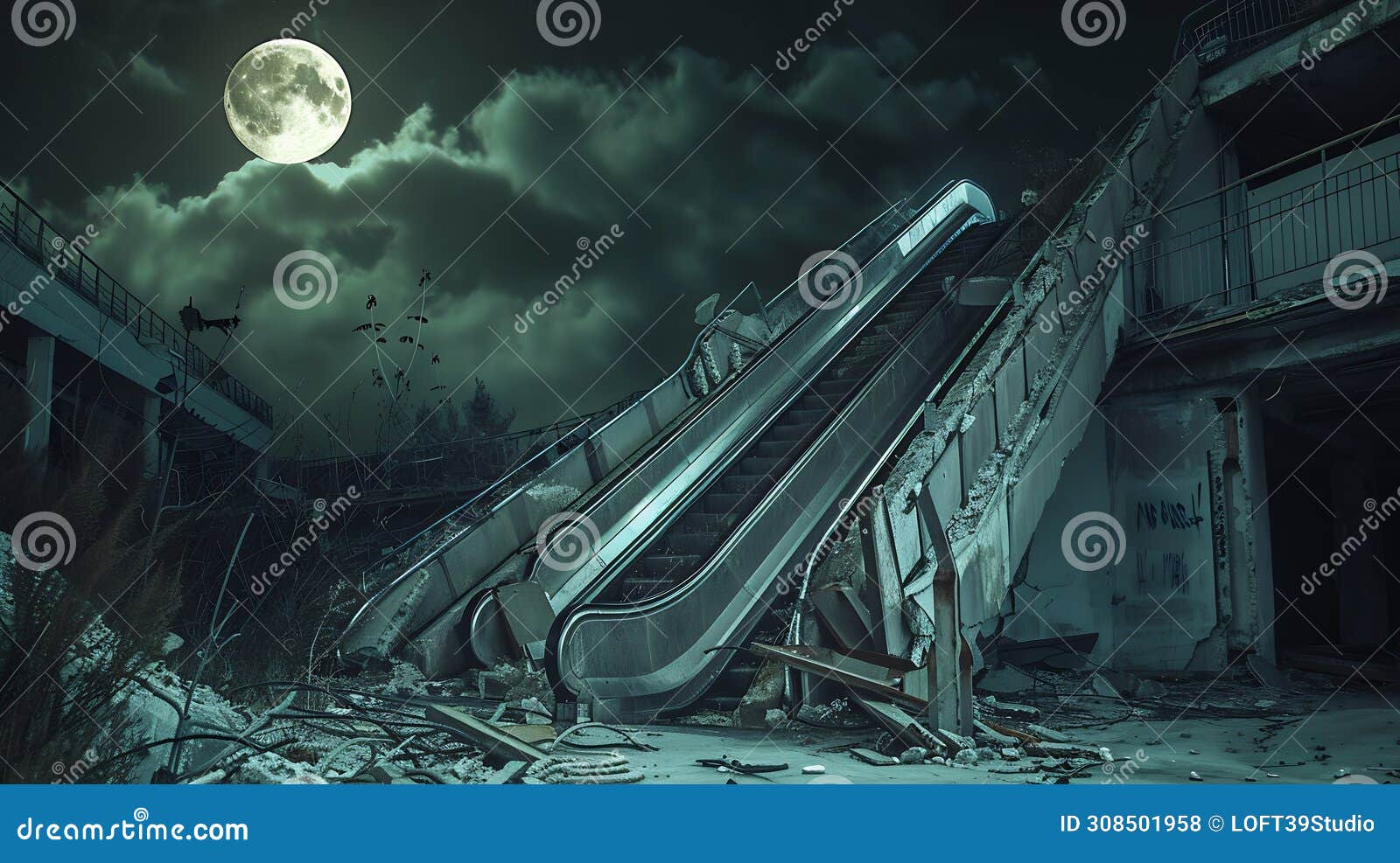 Generative AI Dramatic View of Damaged Escalators in Abandoned Building ...