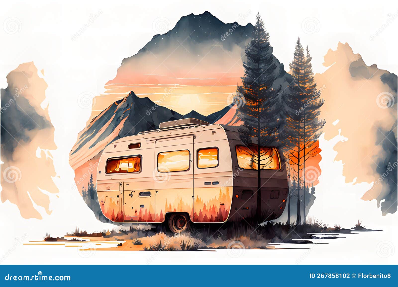 Generative AI Drawing of a Caravan in the Mountains Stock Illustration ...