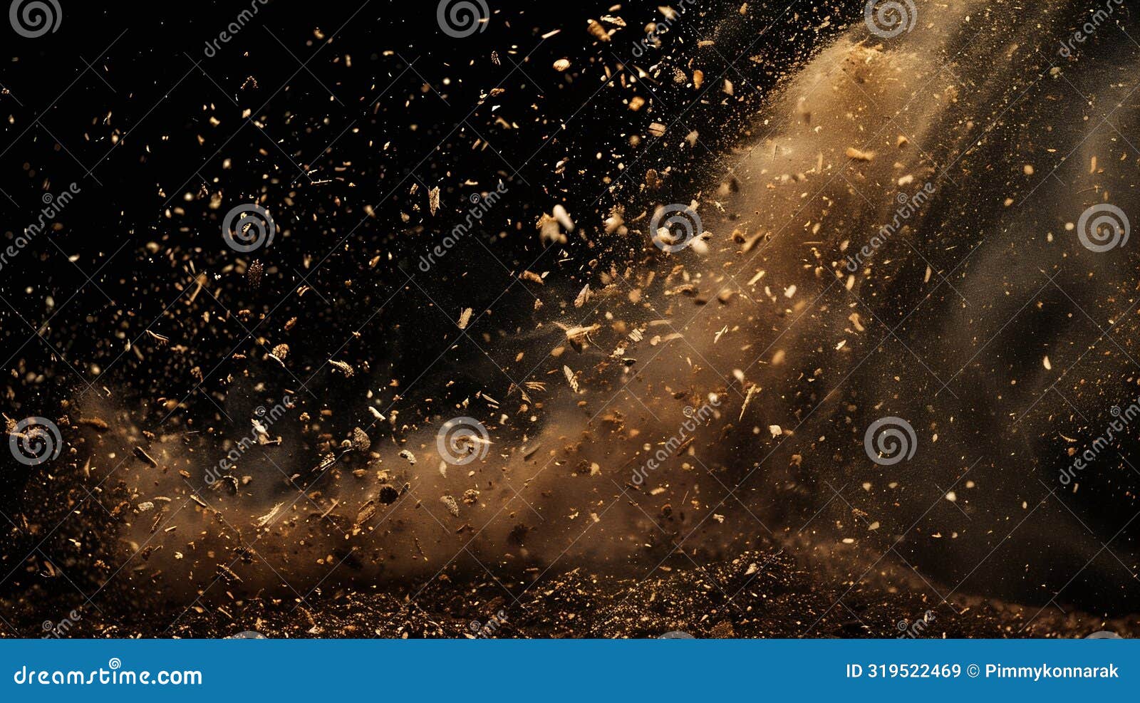 Generative AI Dynamic Dust And Wood Chips On Black Background Creative ...