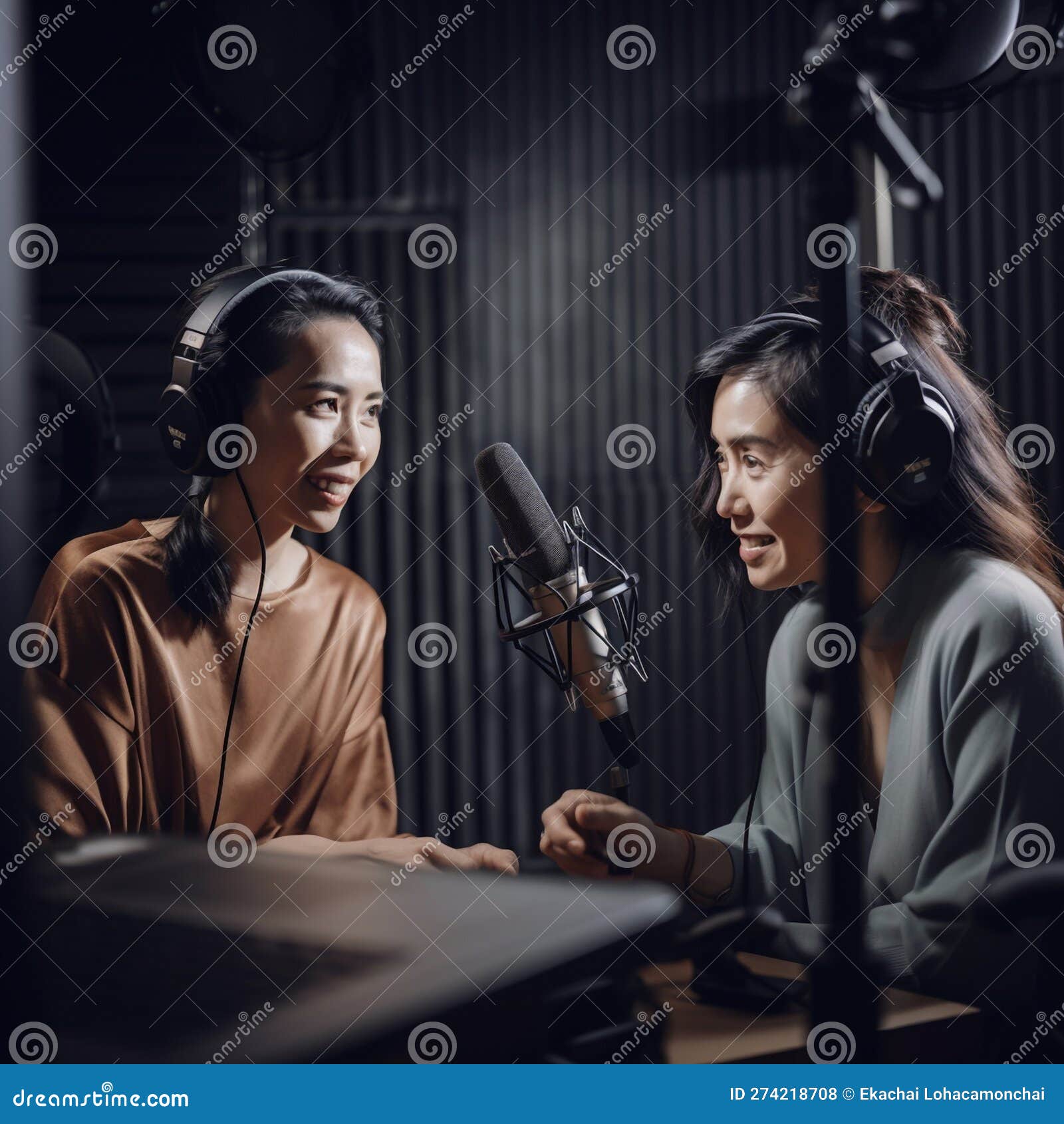 Generative AI. Dynamic Women Engaging in Podcast Conversation Stock ...