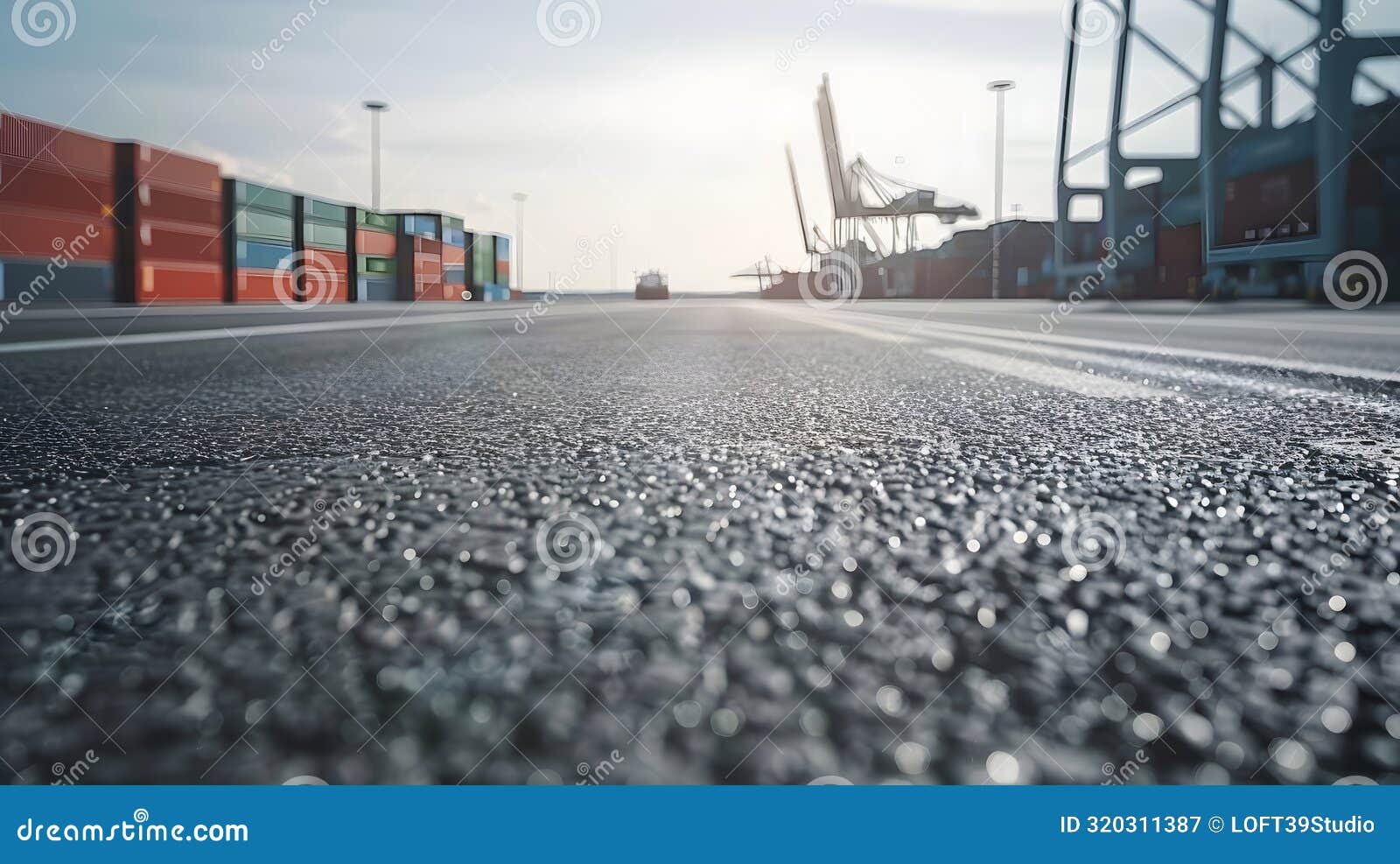 Generative AI Empty Asphalt Road and Container Port Background Business ...