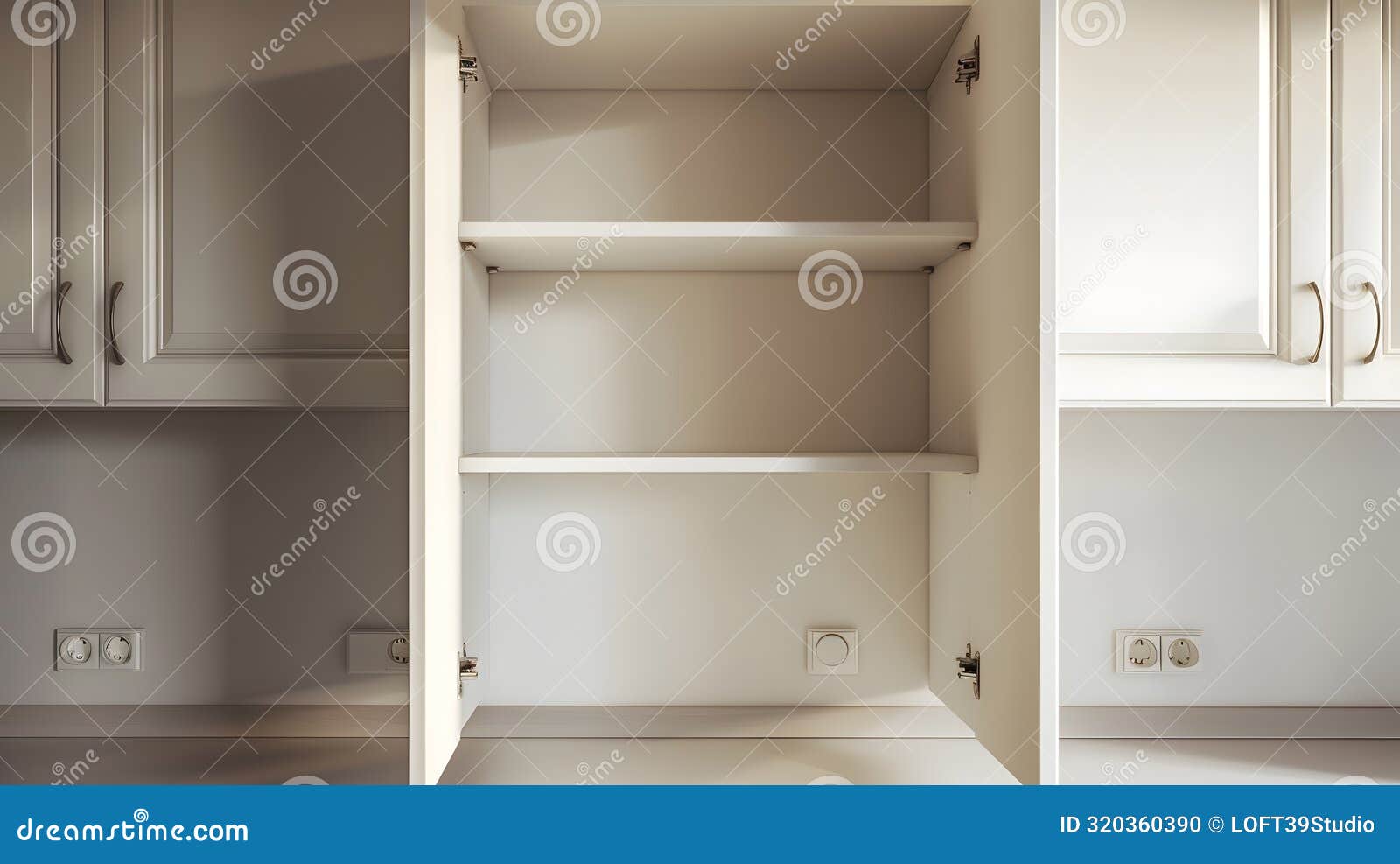 Generative AI Empty Cupboard with Shelves on Light Wall in Kitchen ...