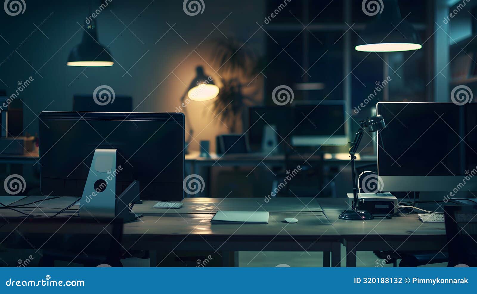 Generative AI Empty Modern Workspace with Computers Arranged on Table Business Concept. Stock ...